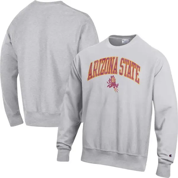 Champion Arizona State Sun Devils Distressed Arch Over Logo Reverse Weave Crew Neck Sweatshirt - Gray