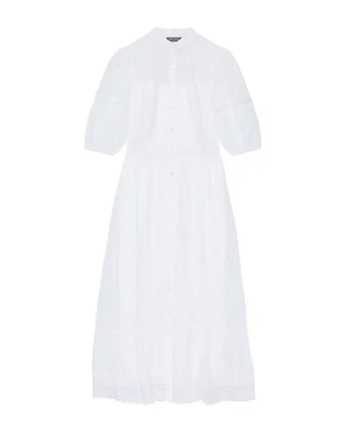 Mint Velvet Ramie Puff Sleeve Midi Dress With Lace Inserts