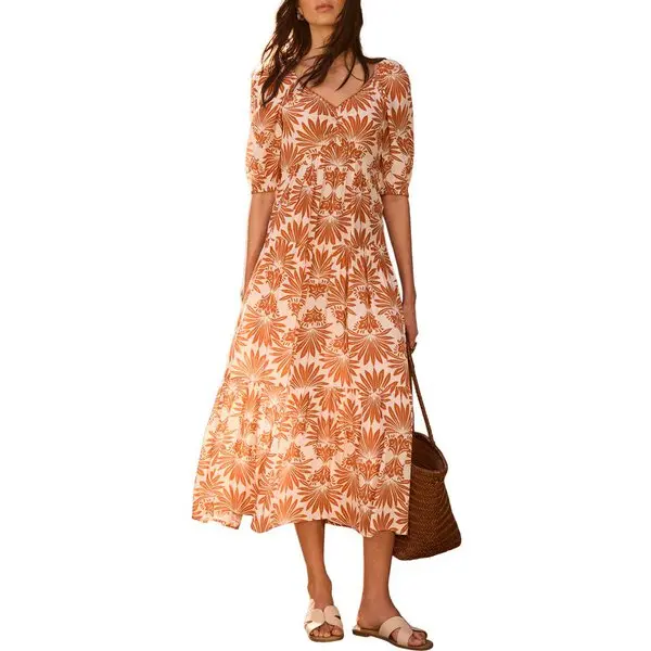 Mint Velvet Floral V-neck Printed Midi Dress - Orange