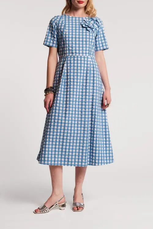 FRANCES VALENTINE Michelle Midi Dress In Gingham - Blue/white