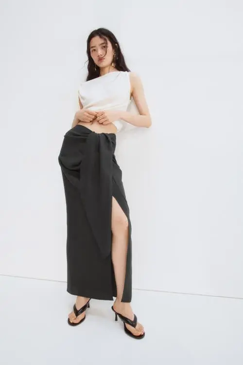 H&m Knot-detail Maxi Skirt - Dark Gray
