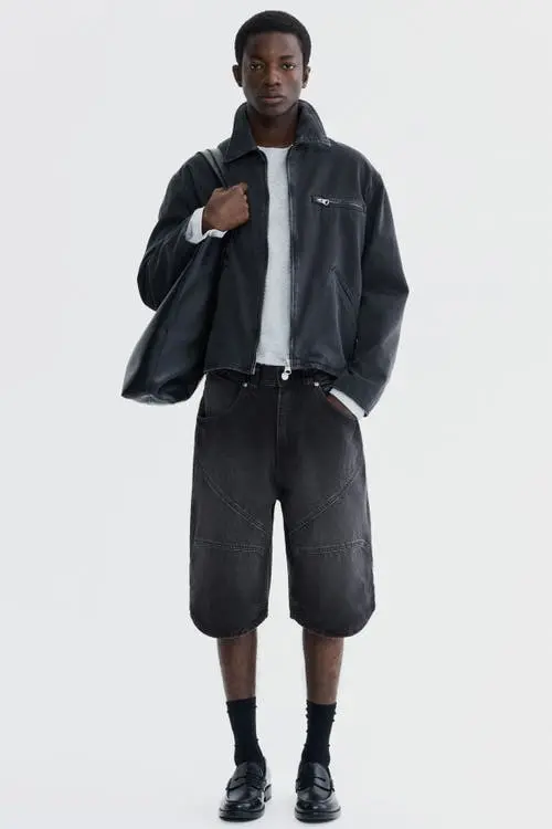 H&m Super Baggy Knee Length Denim Shorts - Black