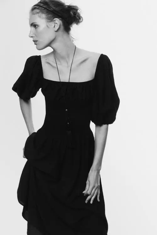 H&m Smocked-waist Puff Sleeve Midi Dress - Black