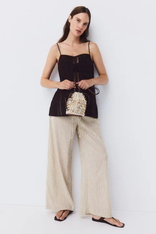 H&m Mama Textured Drawstring Wide Leg Trousers - Light Beige/striped