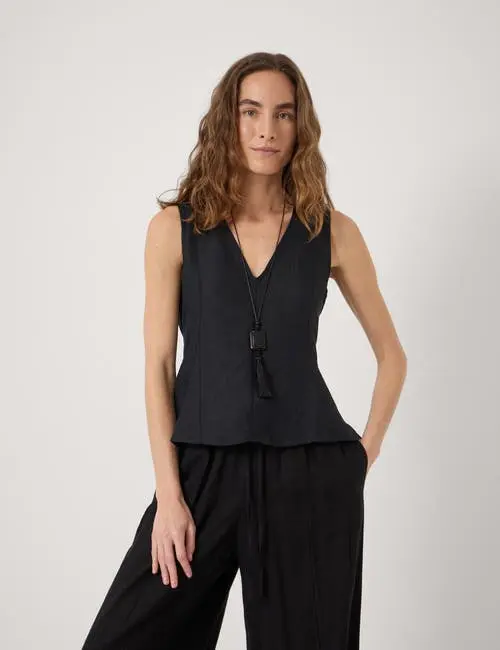 HUSH Jose V-neck Godet Linen Top - Black