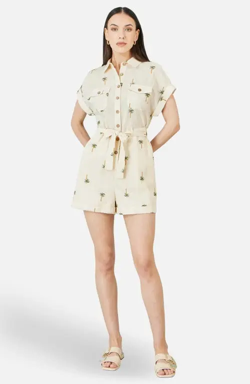 YUMI Embroidered Palm Print Cotton Playsuit - Beige