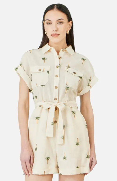 YUMI Embroidered Palm Print Cotton Playsuit - Beige