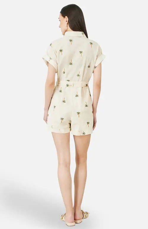 YUMI Embroidered Palm Print Cotton Playsuit - Beige