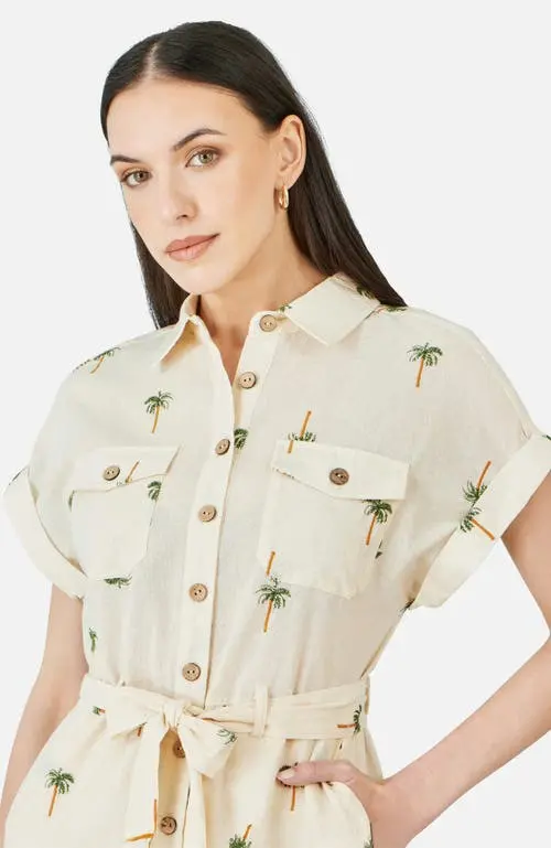 YUMI Embroidered Palm Print Cotton Playsuit - Beige