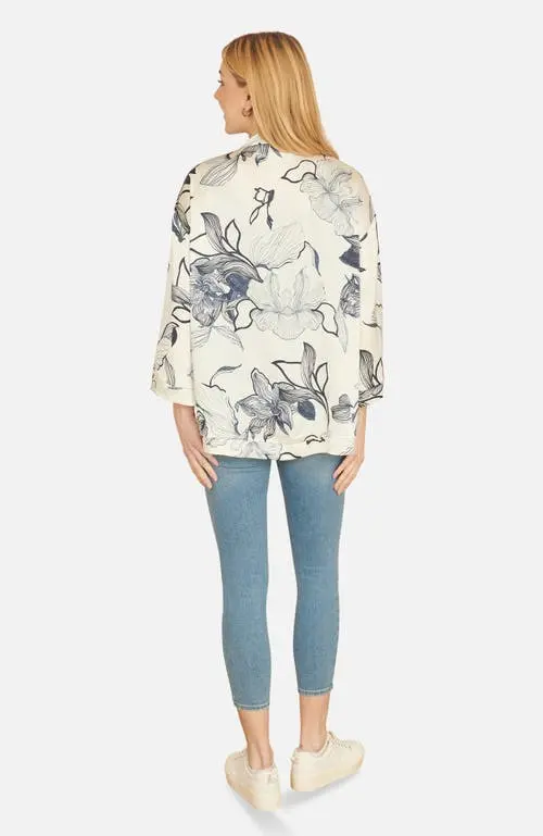 YUMI Abstract Floral Print Open Front Top With Flared Sleeves