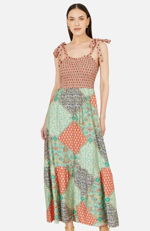 YUMI Viscose Patchwork Ruched Maxi Dress