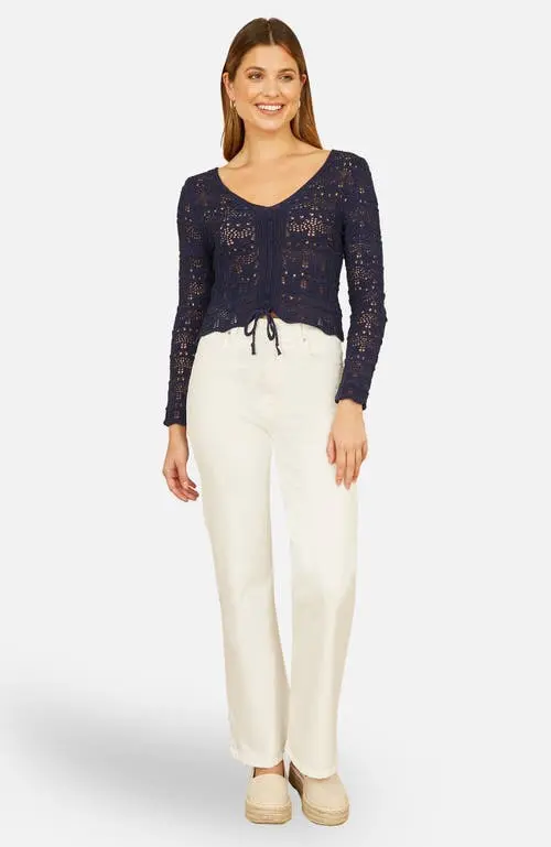 YUMI Crochet Knit Ruched Front Tie Top