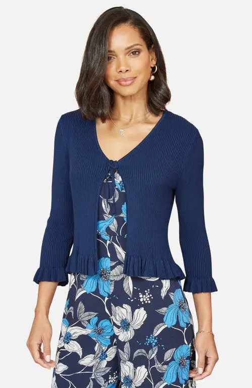 YUMI Tie Up Ribbed Frill Hem Cardigan - Navy