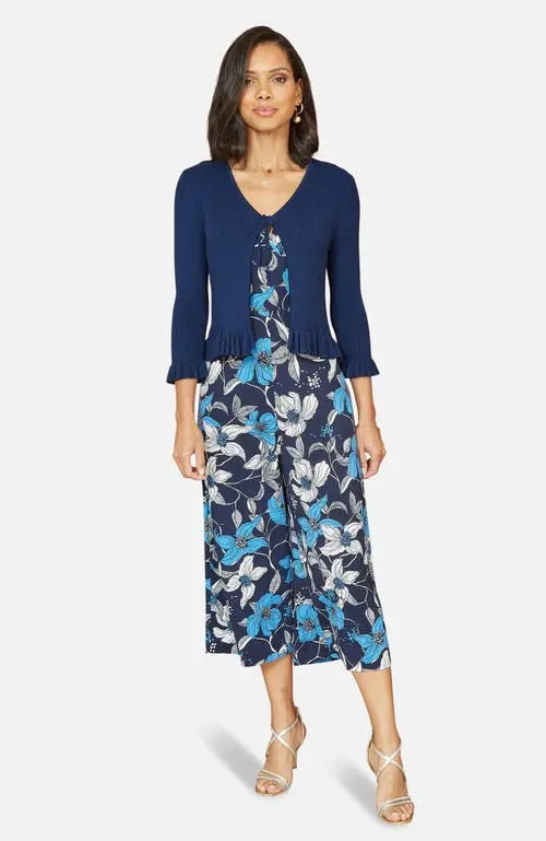 YUMI Ribbed Tie-up Cardigan With Frill Hem And Cuffs