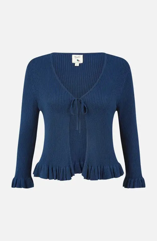 YUMI Ribbed Tie-up Cardigan With Frill Hem And Cuffs - Navy