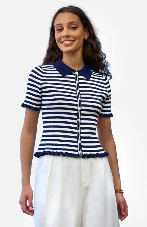 YUMI Nautical Striped Knitted Top With Ruffled Trim - Navy