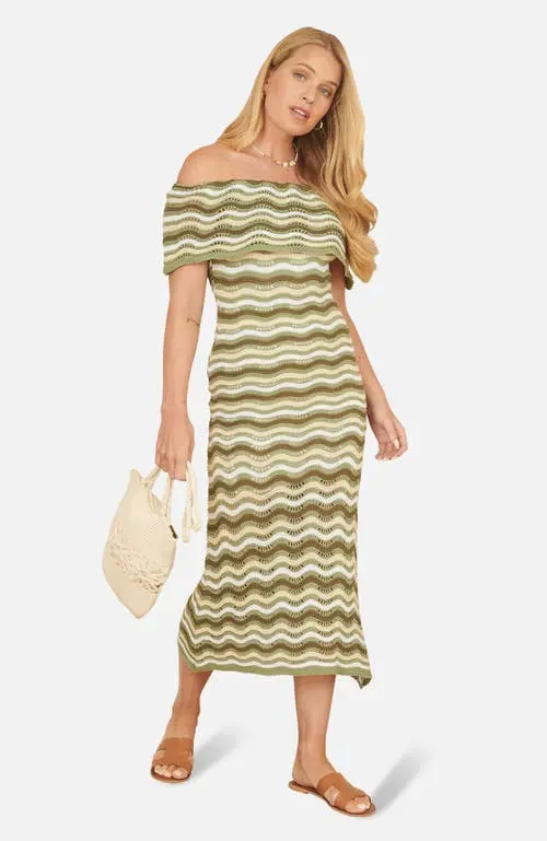 YUMI Stripe Crochet Knit Bardot Midi Dress