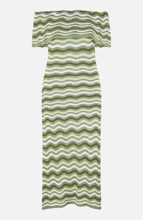 YUMI Stripe Crochet Knit Bardot Midi Dress