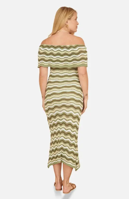 YUMI Stripe Crochet Knit Bardot Midi Dress