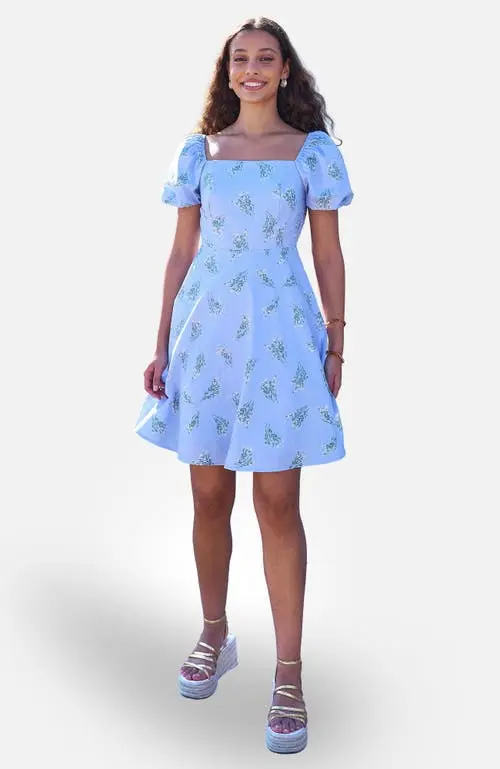 YUMI Cotton Floral Puff Sleeve Skater Dress - Blue