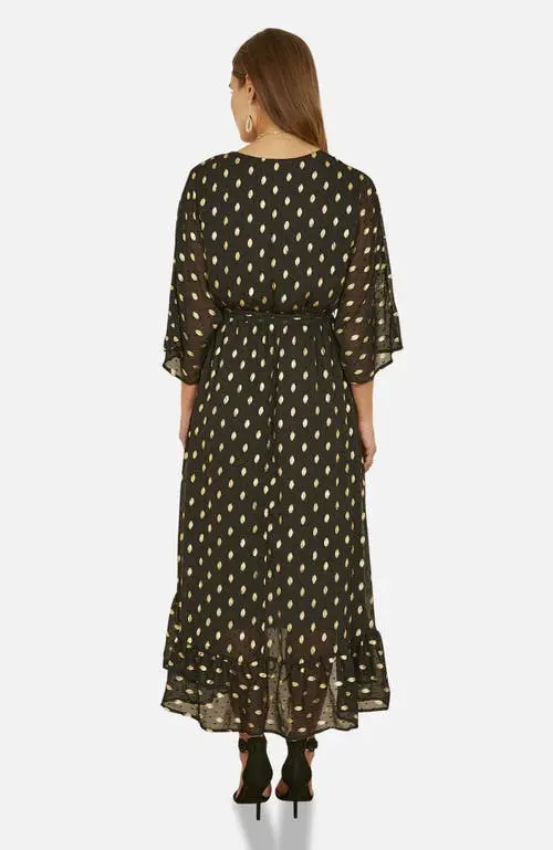 YUMI Foil Print Wrap Over Dress - Black