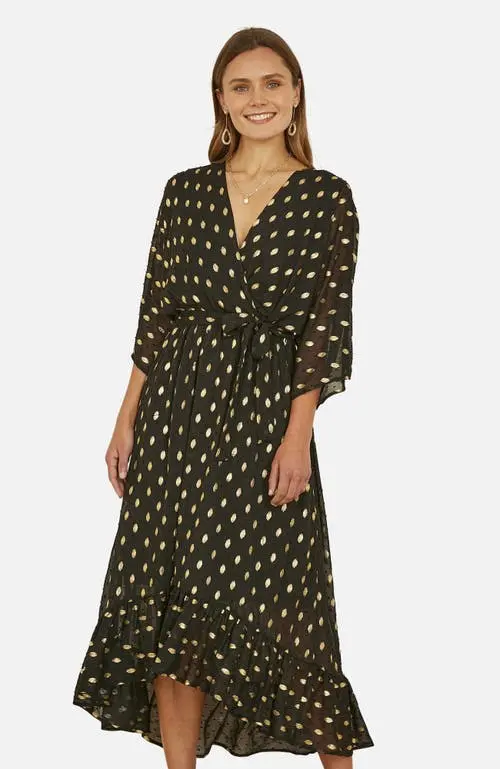 YUMI Foil Print Wrap Over Dress - Black