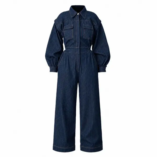 OFUURE Denim Pinstripe Jakki Jumpsuit With Removable Sleeves - Blue