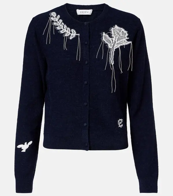 Erdem Embroidered Wool Blend Cardigan - Blue