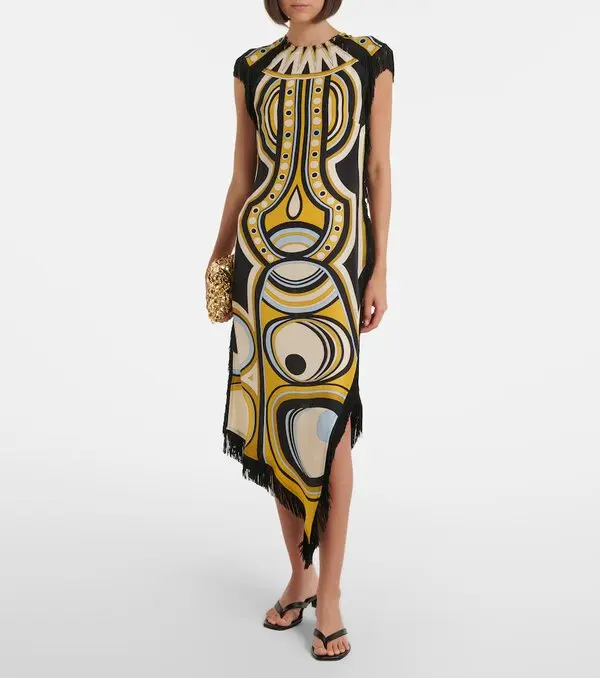 La DoubleJ Fringed Printed Silk Voile Midi Dress