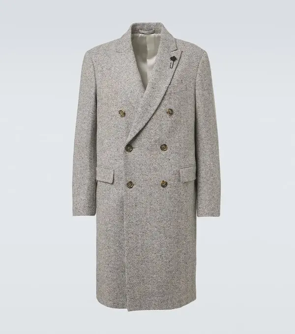 LARDINI Herringbone Virgin Wool Double-breasted Coat - Grey