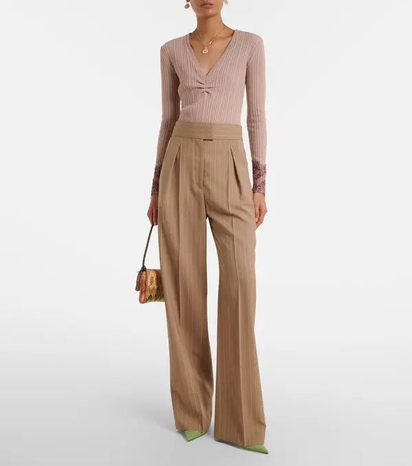 Valentino Garavani Pinstripe Pleated Wool Wide-leg Pants - Beige
