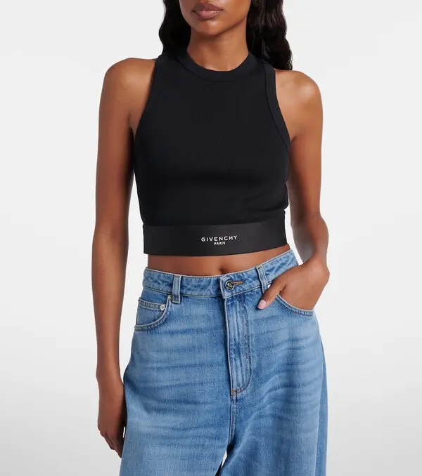Givenchy Logo Ribbed Cropped Cotton Tank Top - Black