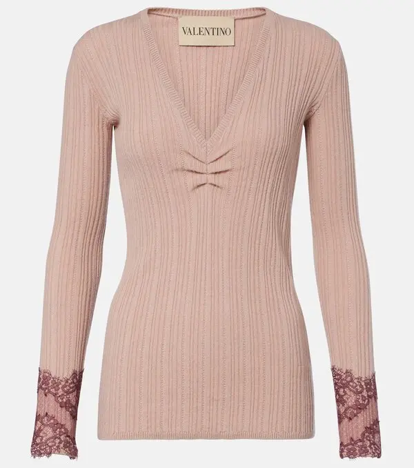 Valentino Garavani Gathered Lace-trimmed Cashmere Sweater - Pink