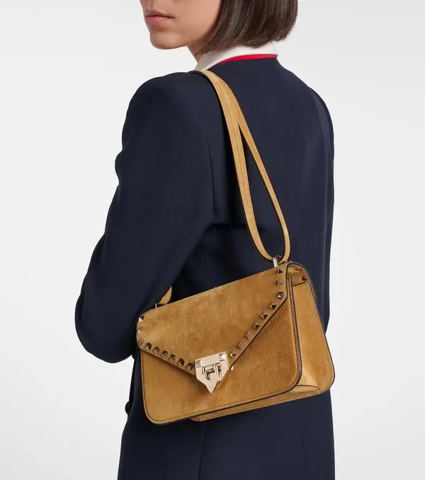 Valentino Garavani Rockstud Small Suede Shoulder Bag - Beige