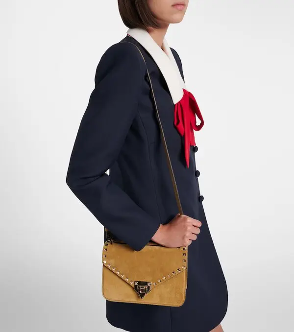 Valentino Garavani Rockstud Small Suede Shoulder Bag - Beige