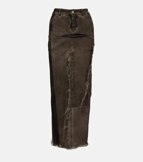 Rick Owens Sliced Distressed Denim Midi Skirt - Grey