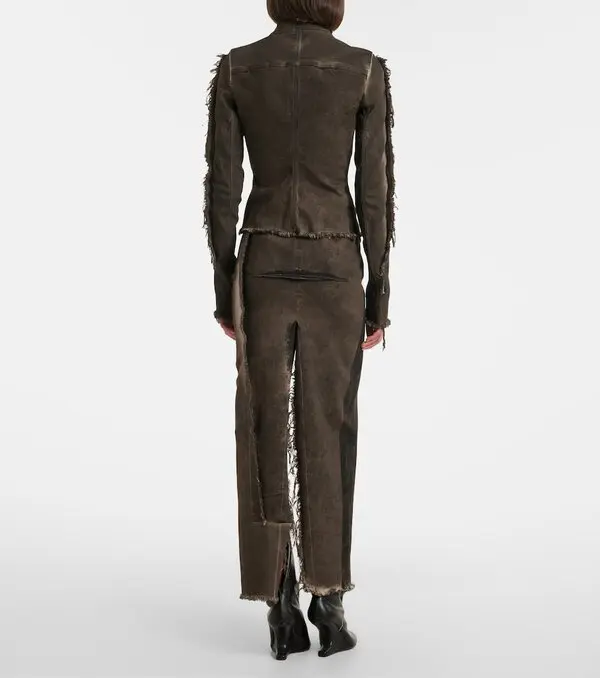 Rick Owens Sliced Distressed Denim Midi Skirt