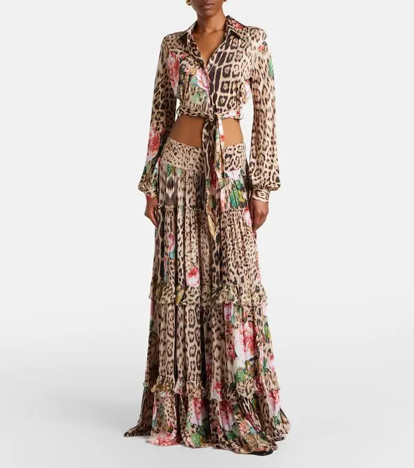 Roberto Cavalli Printed Ruffled Maxi Skirt - Brown