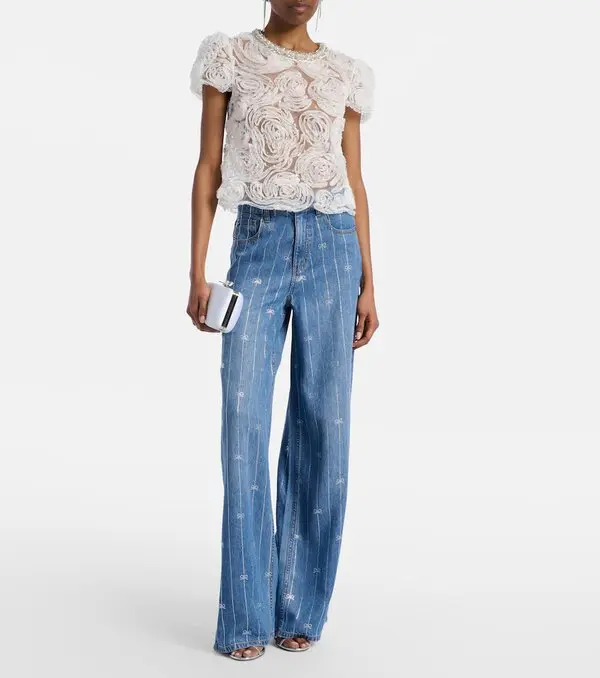 SELF-PORTRAIT Striped Wide-leg Jeans