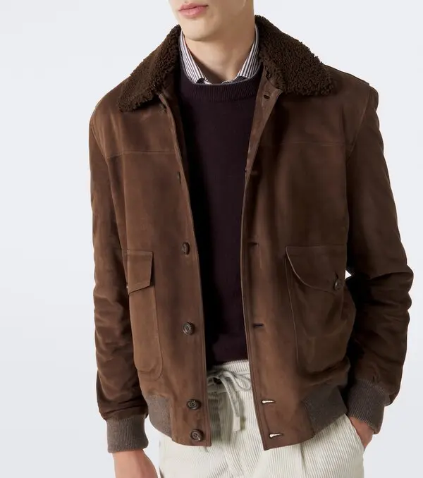 Eleventy Shearling-lined Suede Bomber Jacket - Brown