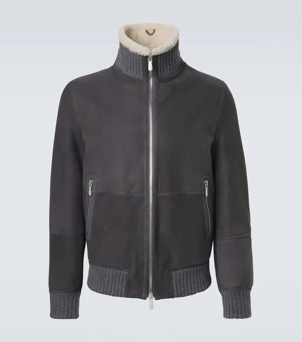 Brunello Cucinelli Suede Shearling Trimmed Blouson Jacket - Grey