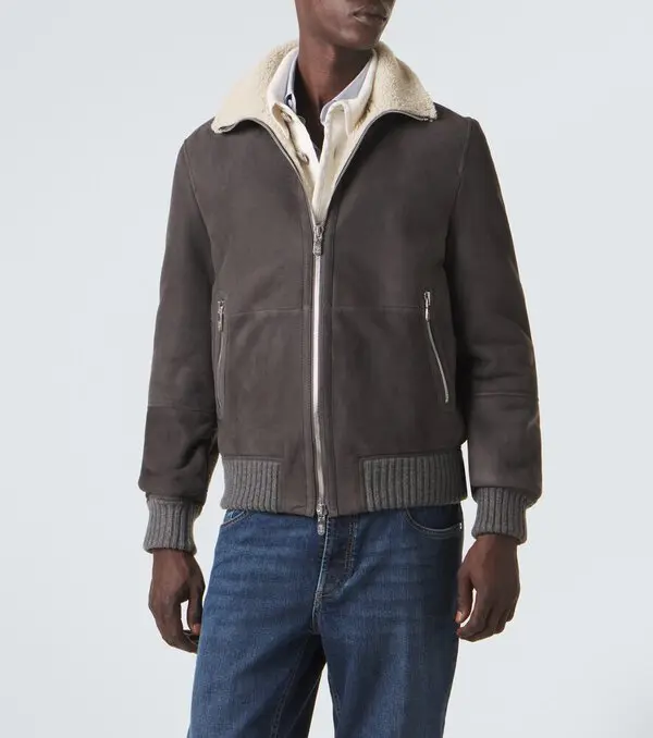Brunello Cucinelli Suede Shearling Trimmed Blouson Jacket - Grey