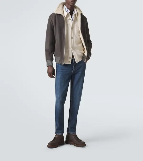 Brunello Cucinelli Suede Shearling Trimmed Blouson Jacket - Grey