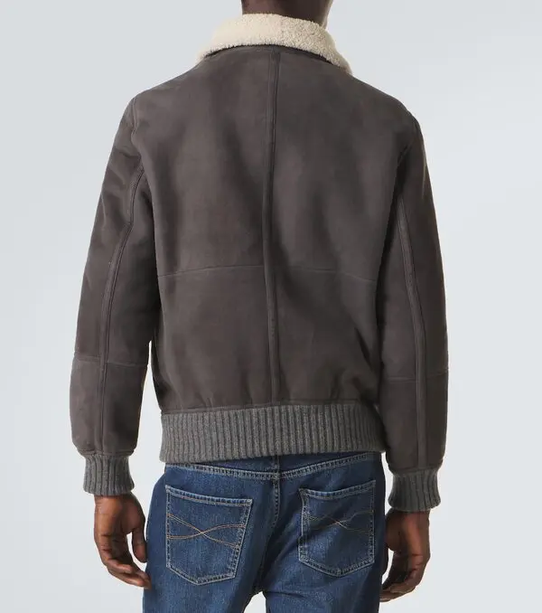 Brunello Cucinelli Suede Shearling Trimmed Blouson Jacket - Grey