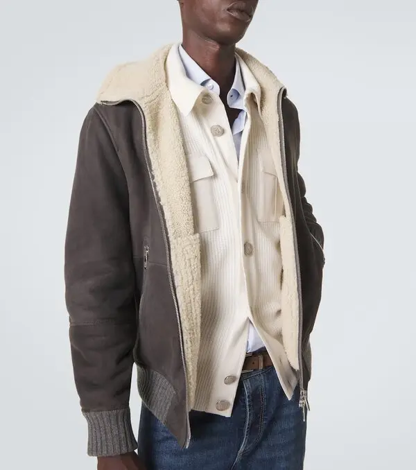 Brunello Cucinelli Suede Shearling Trimmed Blouson Jacket - Grey