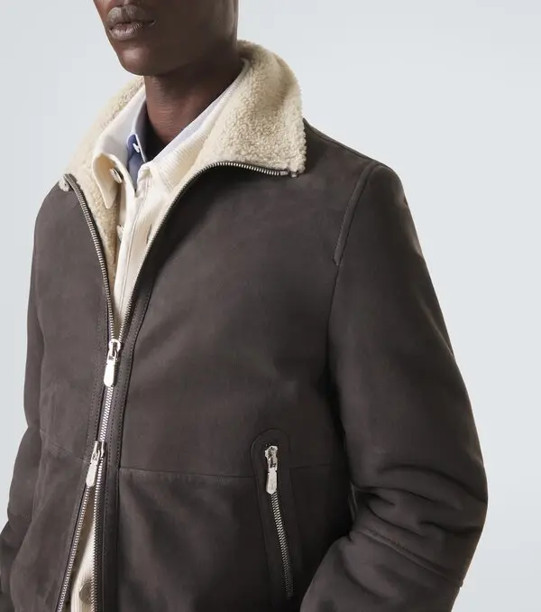 Brunello Cucinelli Suede Shearling Trimmed Blouson Jacket - Grey