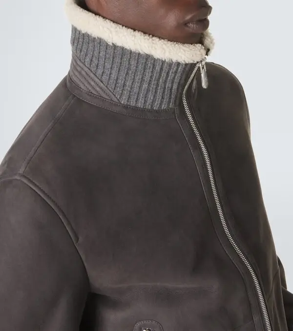 Brunello Cucinelli Suede Shearling Trimmed Blouson Jacket - Grey