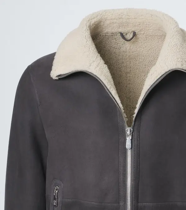 Brunello Cucinelli Suede Shearling Trimmed Blouson Jacket - Grey