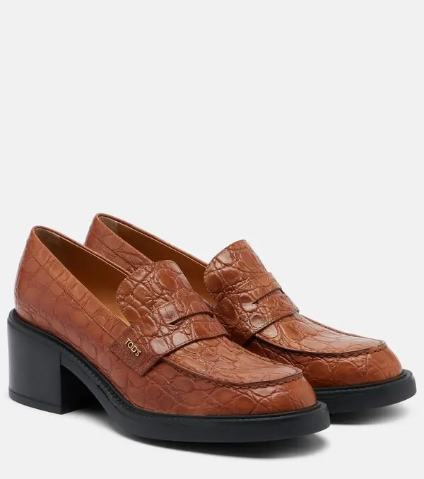 TOD'S Croc-effect Leather Loafer Pumps - Brown