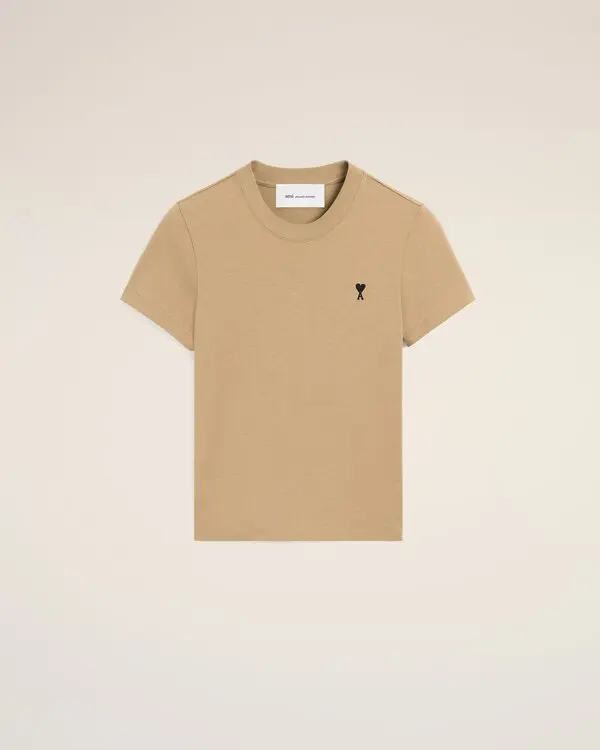 AMI Paris Cotton T-shirt With De Coeur Embroidery - Mastic Beige/black